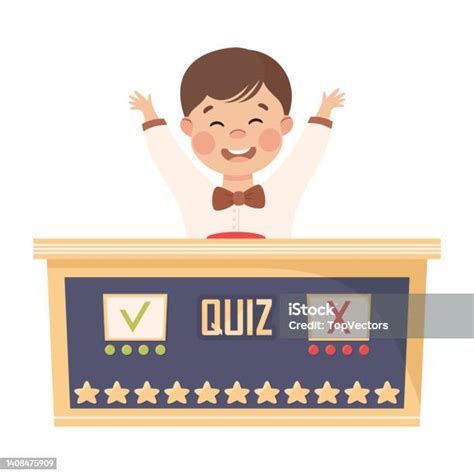 퀴즈 게임을하는 어린 소년 또는 마인드 스포츠 프레스 버튼에 서서 질문에 대답하는 벡터 일러스트 레이 션 개념에 대한 스톡 벡터