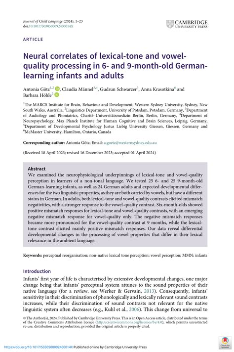 Pdf Neural Correlates Of Lexical Tone And Vowel Quality Processing In 6 And 9 Month Old
