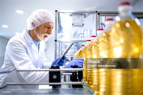 생산 공정을 통제하는 식물성 기름 병입 공장에서 일하는 식품 산업 전문가 식품 가공 공장에 대한 스톡 사진 및 기타 이미지 식품 가공 공장 연구실 가운 검사 보기