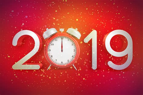 모든 주위에 떨어지는 색종이와 빨간색 배경에 제로 숫자 대신 복고풍 알람 시계와 숫자 2019의 3d 렌더링 0에 대한 스톡 사진 및 기타 이미지 Istock