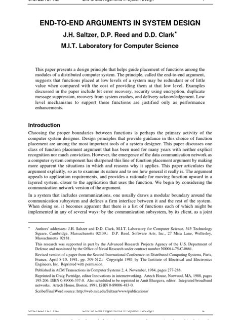 End To End Arguments In System Design Pdf