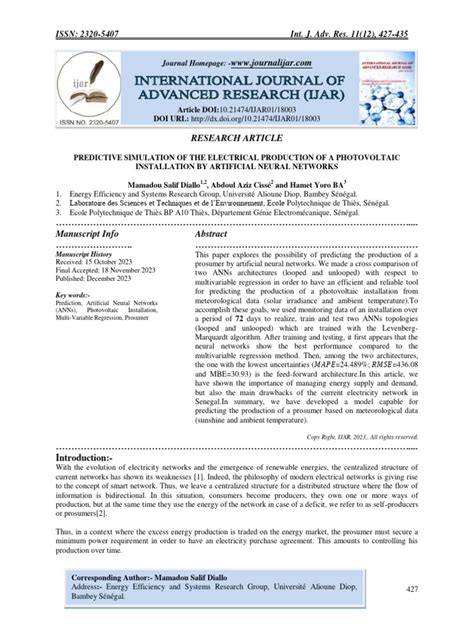 Predictive Simulation Of The Electrical Production Of A Photovoltaic Installation By Artificial