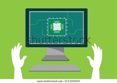 Computer Microchip Drawing Users Hands Editable Stock Vector Royalty