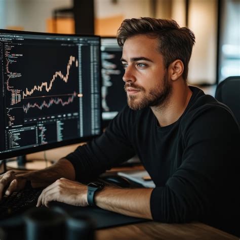 A Man Sits At A Computer With A Graph On The Screen Premium Ai