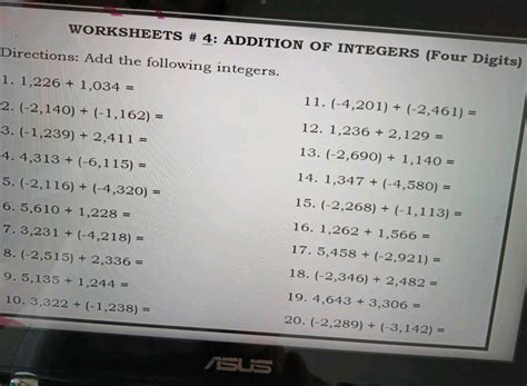 WORKSHEETS 4 ADDITION OF INTEGERS Four Digits StudyX