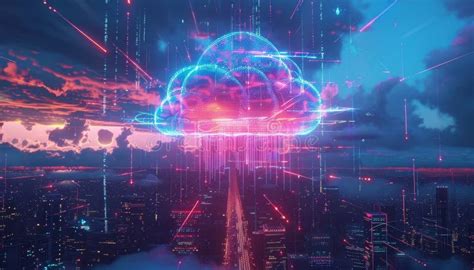 Glowing Cloud Of Data Streams Over Futuristic Cityscape Concept Of Digital Transformation By Ai