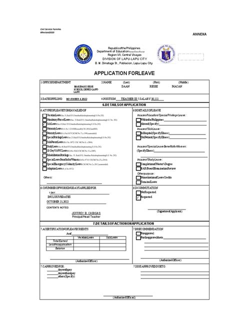 Cs Form No 6 Revised 2020 Application For Leave Secured Pdf Government Justice