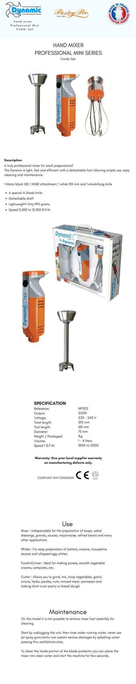 Dynamic Hand Mixer Professional Mini Combi Set Mf052uk Pastry Pro