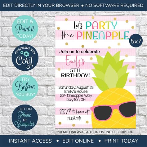 Editable Pineapple Birthday Invitation Party Like A Pineapple