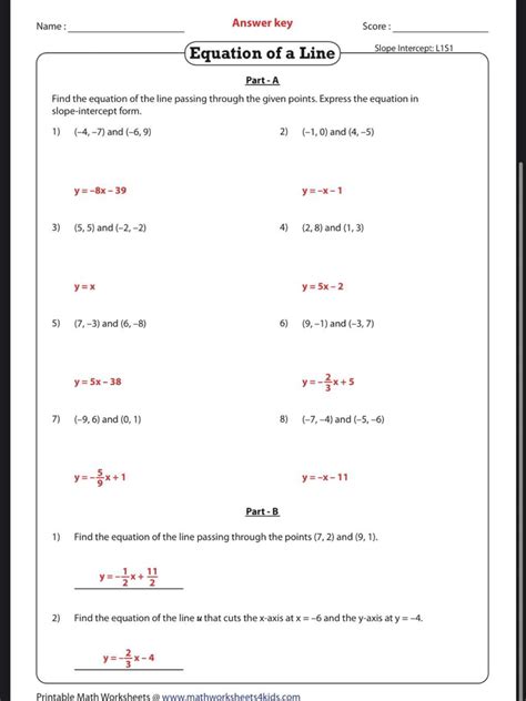 Name Answer Key Score Equation Of A Line Slope Intercept L1s1 Part A Find The Eq [math]