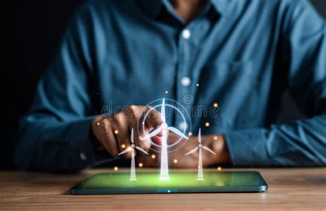 Energy Engineer Using Tablet Virtual Wind Turbine Farm With Map Future Prototype Design On