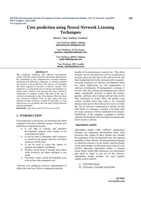 Pdf Cost Prediction Using Neural Network Learning Techniques
