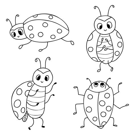Collection Ladybugs Funny Small Insect Vector Illustration Outline Drawing Isolated Doodles