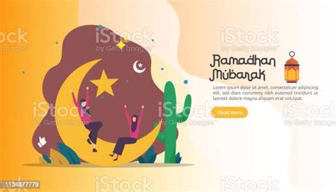 행복 한 라마단 무바라크 웹 방문 페이지 서식 파일 배너 프레젠테이션 소셜 및 인쇄 미디어에 대 한 사람 문자 인사말 개념입니다 이슬람 Eid Fitr 또는 아 드 평면