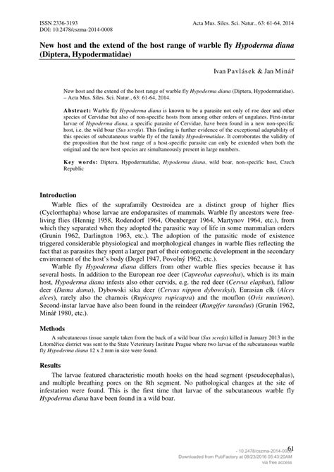 [pdf] New Host And The Extend Of The Host Range Of Warble Fly Hypoderma Diana Diptera