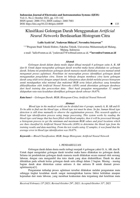 Pdf Klasifikasi Golongan Darah Menggunakan Artificial Neural Networks