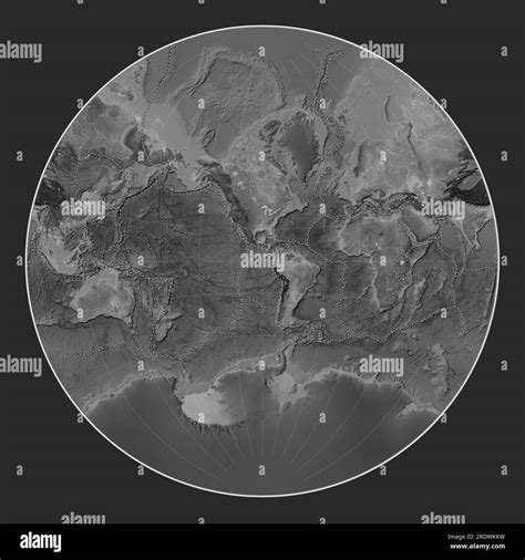 Tectonic Plate Boundaries On The World Grayscale Elevation Map In The Lagrange Projection