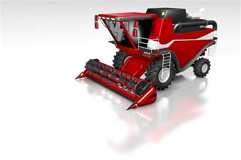 큰 렌더링 빨간 농촌 농업의 산업 3d 그림은 흰색에 반사와 수확기 측면 상단보기를 결합 콘텐츠에 대한 장소와 모형 3차원