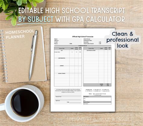 Editable High Babe Transcript Template BY SUBJECT GPA Calculator Homebabe Transcript