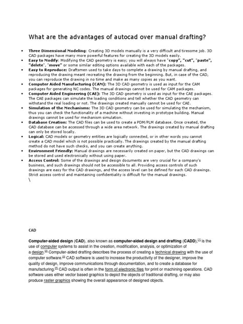What Are The Advantages Of Autocad Over Manual Drafting Pdf Computer Aided Design Engineering