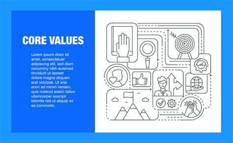 핵심 가치 라인 아이콘 세트 및 배너 디자인 책임 정직 신뢰 품질 비전 무결성 개념에 대한 스톡 벡터 아트 및 기타 이미지 개념 고객 고급 Istock