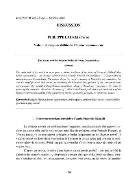 Pdf Valeur Et Responsabilité De Lhomo Oeconomicus