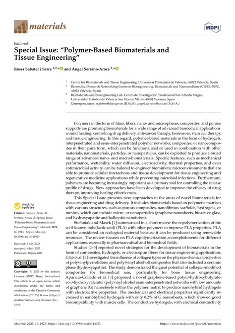 Pdf Special Issue “polymer Based Biomaterials And Tissue Engineering”