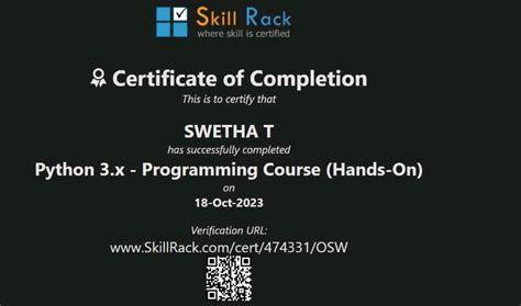 Heyy Guys🥳i Have Sucessfully Completed My Python Programming Course On Skillrack🏆 Swetha T