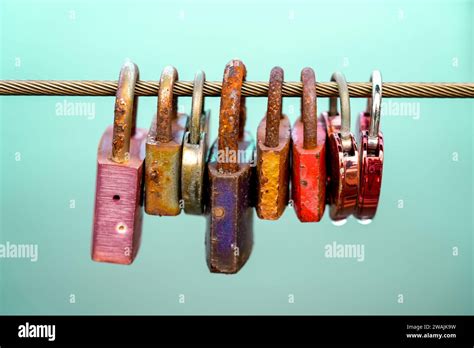 Love Locks On A Wire Rope In A Row Objects In Close Up Stock Photo Alamy