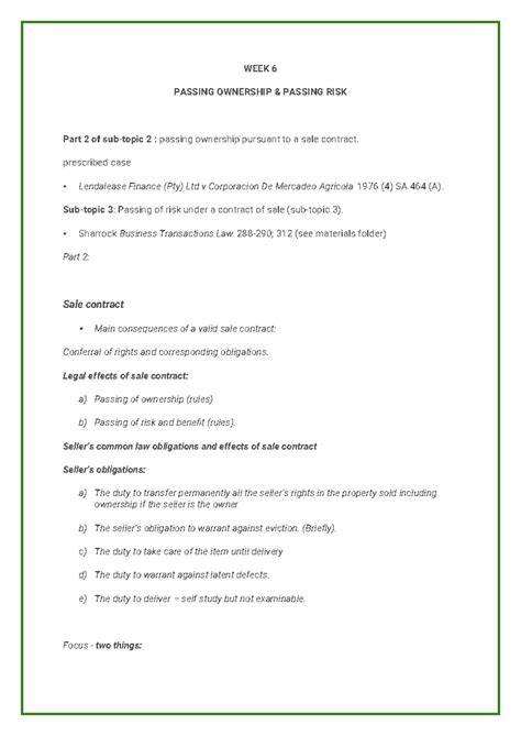 Week 6 Passing Ownership And Risk In Sale Contracts Com Trans 312