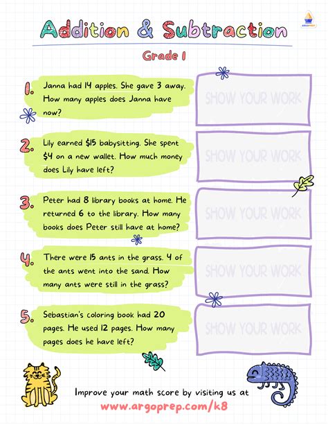 Subtraction Word Problems Grade 1 Argoprep Worksheets Library
