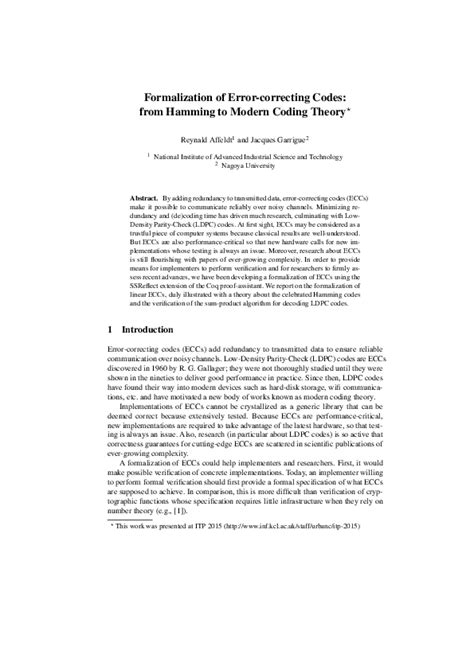 Pdf Formalization Of Error Correcting Codes From Hamming To Modern