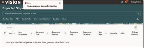 Error On Redwood Expected Shipment Lines Ui Error Response During Restaction — Cloud Customer