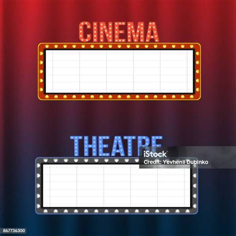 스포트 라이트와 빈티지 프레임 파란색과 빨간색 커튼에 영화관 및 극장 간판 할리우드에 대한 스톡 벡터 아트 및 기타 이미지