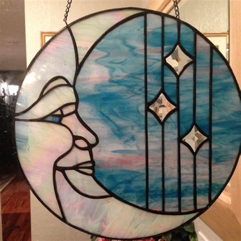 Man In The Moon Stained Glass Round Panel Etsy Stained Glass Light Stained Glass Suncatchers