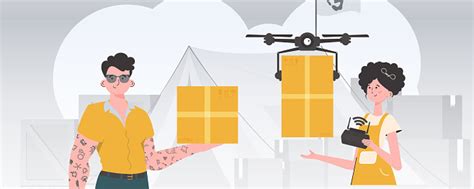 인도주의적 지원을 위한 캠프 쿼드 콥터가 소포를 운반하고 있습니다 골판지 상자를 가진 남자와 여자 벡터 군사에 대한 스톡 벡터 아트 및 기타 이미지 Istock