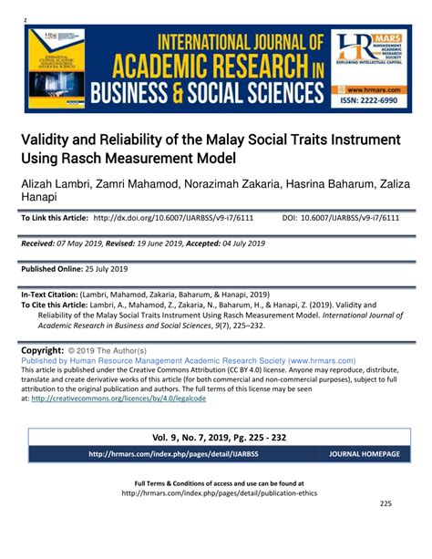 Pdf Validity And Reliability Of The Malay Social Traits Instrument Using Rasch Measurement Model