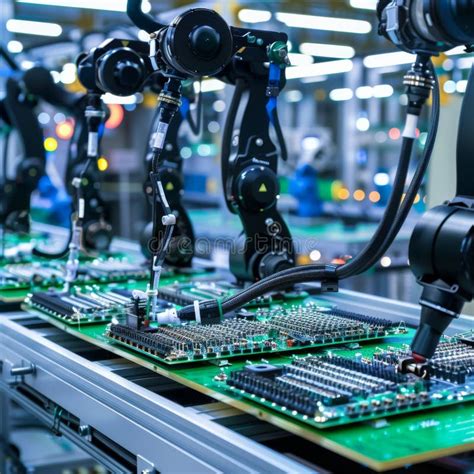 High Tech Robotic Arms Assembling Circuit Boards In Modern Factory Stock Image Image Of Boards