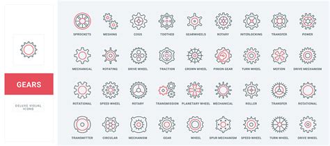 기어와 톱니바퀴 얇은 검은 색과 빨간색 선 아이콘 세트 시계 장치 또는 자전거 스프로킷 Rotary International에 대한 스톡 벡터 아트 및 기타 이미지