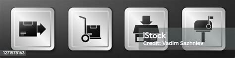 상자 골판지 상자 핸드 트럭 및 상자 판지 골판지 상자 및 우편 함 아이콘을 설정합니다 실버 스퀘어 버튼 벡터 아이콘에 대한 스톡 벡터 아트 및 기타 이미지 Istock