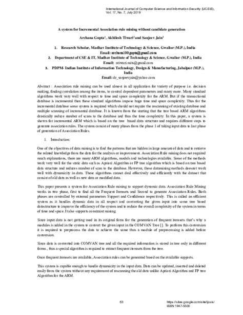 Pdf A System For Incremental Association Rule Mining Without Candidate Generation