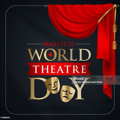 27 마트 두 야 티야롤라 구 귀 번역 3 월 27 일 세계 극장의 날 커튼 및 빨간 벨벳 커튼 연극 마스크와 장면 개념 인사말 카드 템플릿 벡터 일러스트입니다