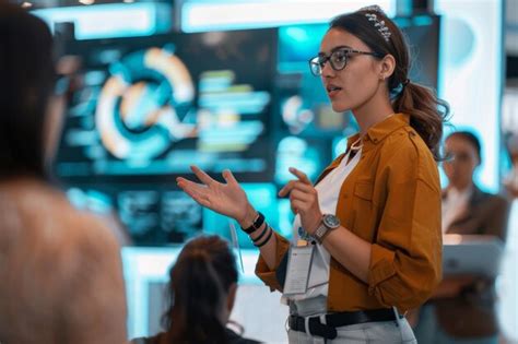 Female Programmer Presenting Innovative Ai Project At Prestigious Tech