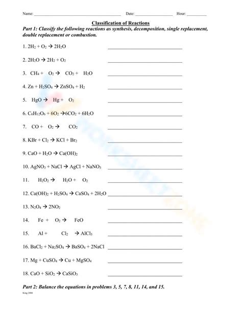 Classification Of Reactions Worksheet