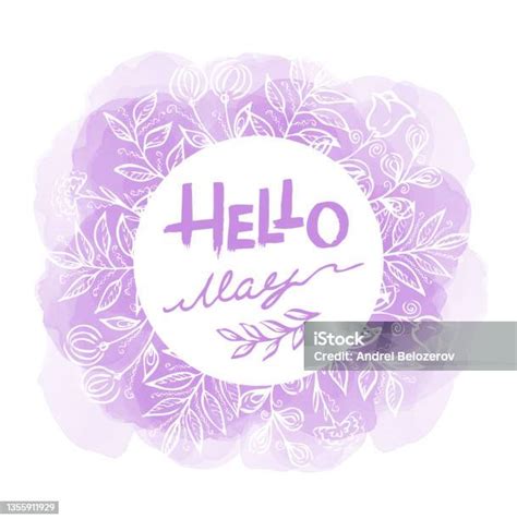 안녕하세요 월 흰색 배경에 꽃 요소와 수채화 얼룩원 프레임에 보라색 라인 아트 텍스트 손으로 그린 한 줄 문자 스프링 문구 0명에 대한 스톡 벡터 아트 및 기타 이미지