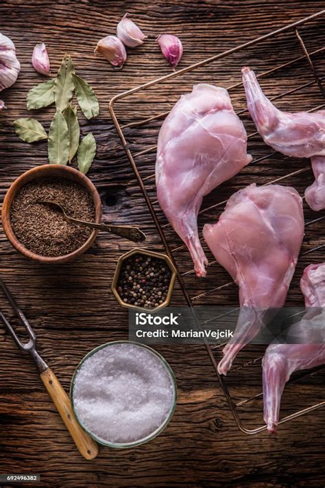 토끼입니다 향신료와 함께 원시 토끼 조각 마늘 부엌 기구 포크 정육점 사냥 요리입니다 건강한 생활방식에 대한 스톡 사진 및 기타 이미지 Istock