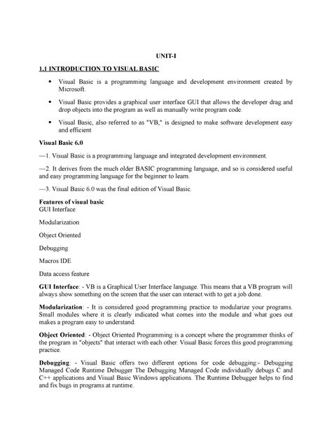 VB Course Material For Visual Basic UNIT I INTRODUCTION TO VISUAL BASIC Visual Basic Is A