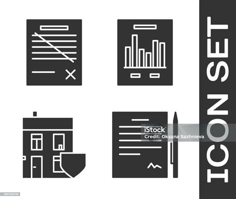 펜으로 계약 설정 파일 문서 삭제 방패와 집 및 그래프 차트 아이콘 문서 벡터 개념에 대한 스톡 벡터 아트 및 기타 이미지 개념 거절 계약서 Istock