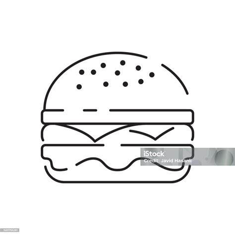흰색 배경 햄버거 또는 패스트푸드 간판 얇은 기호 또는 윤곽선 스타일의 줄이 그어진 요소에 분리된 햄버거 아이콘 벡터입니다 스낵 정크 푸드 및 비만 건강에 좋지 않은 음식에