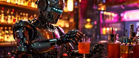 Robotic Bartender Preparing A Drink In A Vibrant Bar Stock Image Image Of Scene Hospitality